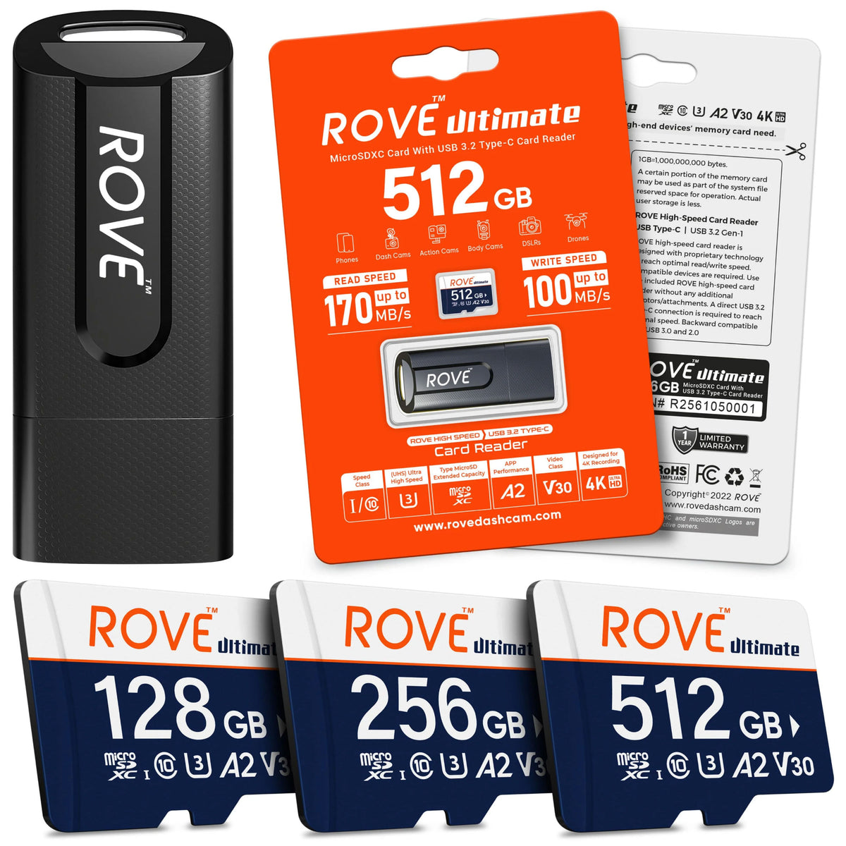 Rove Ultimate 128GB/256GB/512GB Micro SDXC Card with USB 3.2 Gen-1 Type-C card reader, Micro SD ...