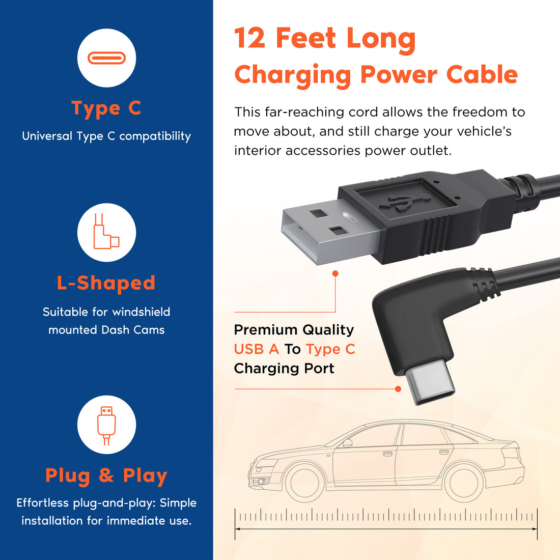 ROVE Ultimate 12ft USB-C Car Charging Power Cable for ROVE R2-4K, R2-4