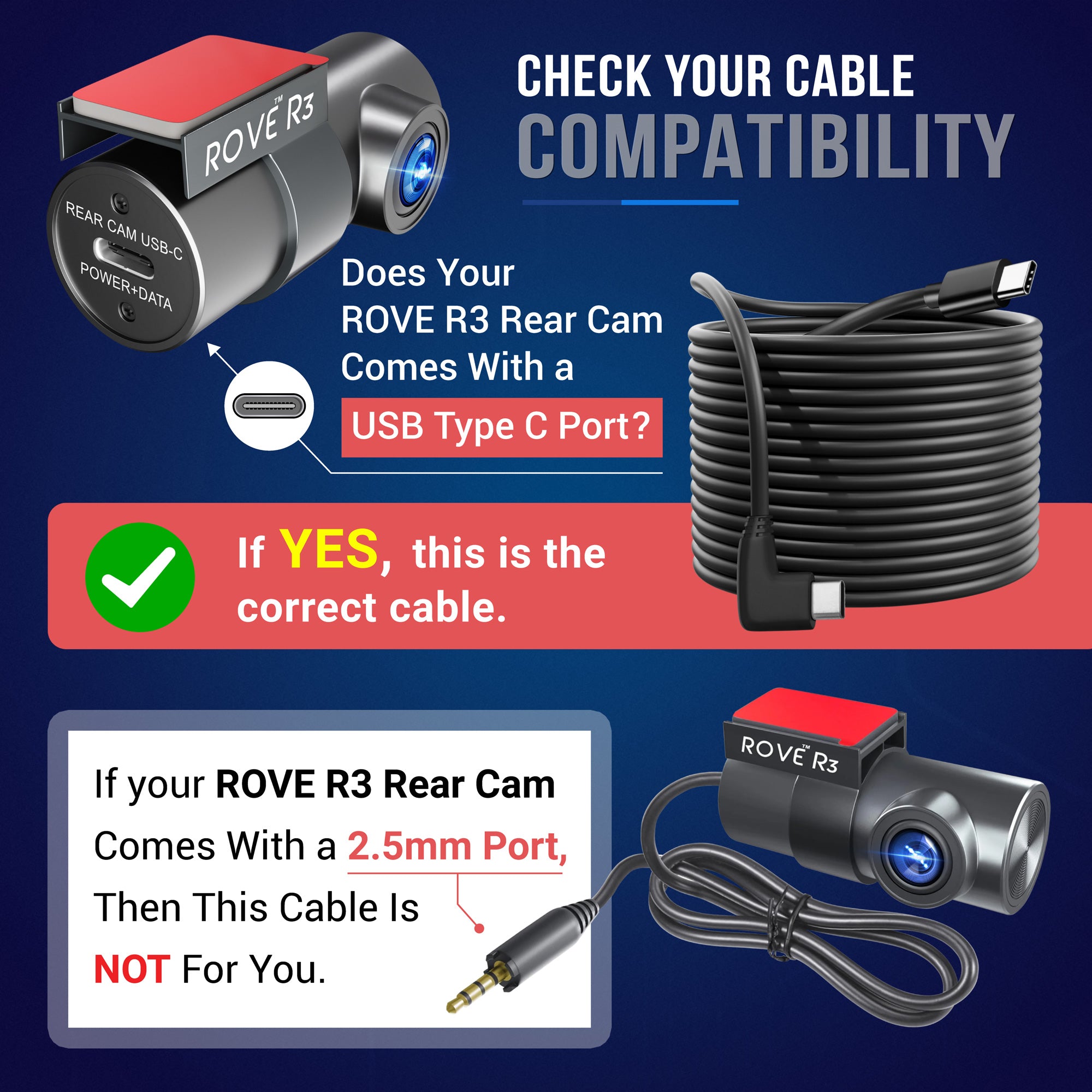 ROVE Ultimate 6M / 19.6FT USB Type-C to Type-C Rear Camera Cable for R