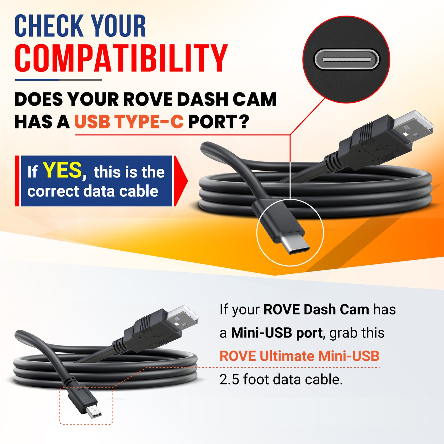 ROVE Ultimate 1M/3FT USB-C Data Cable for Connecting ROVE R3, R2-4K PR