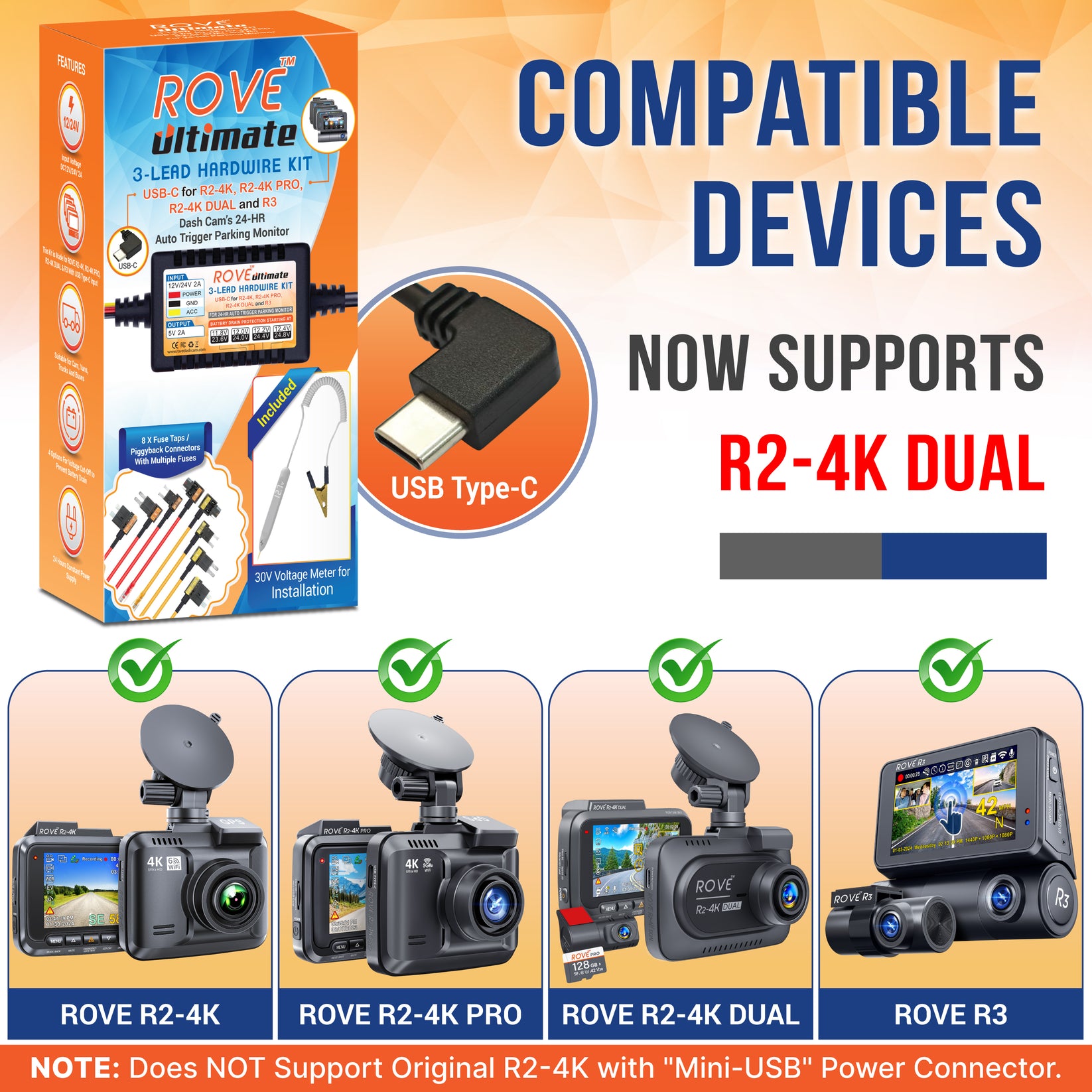 ROVE Ultimate 3-Lead USB Type-C Hardwire Kit | for ROVE R2, R2 PRO, R2