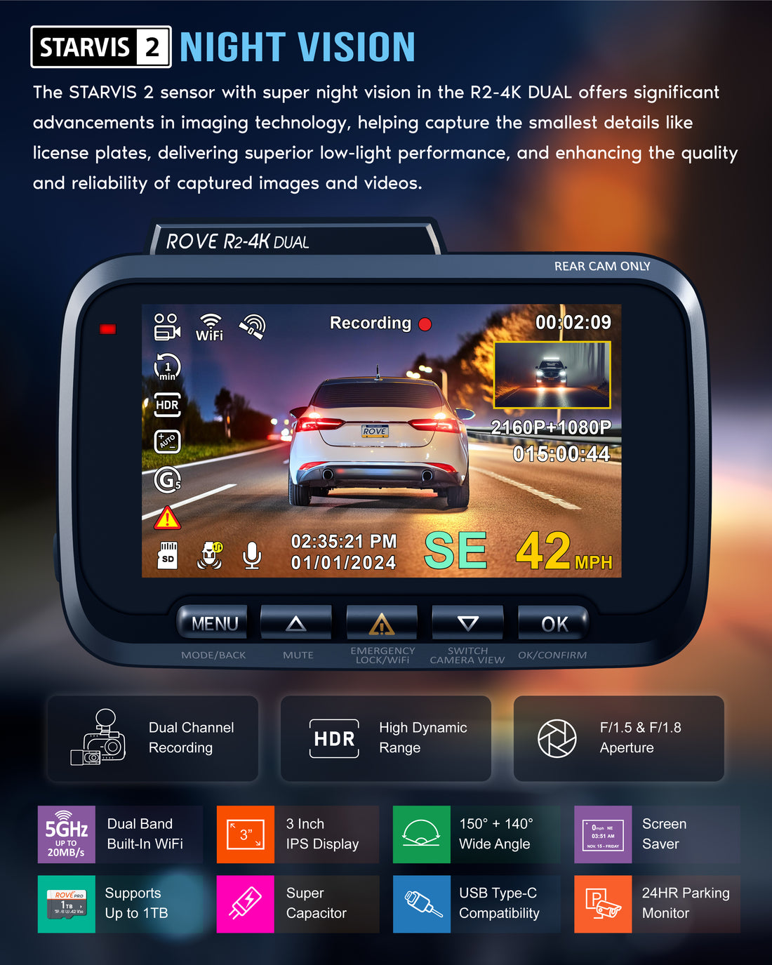 ROVE R2-4K DUAL Dash Cam Front and Rear, STARVIS 2 Sensor, FREE 128GB