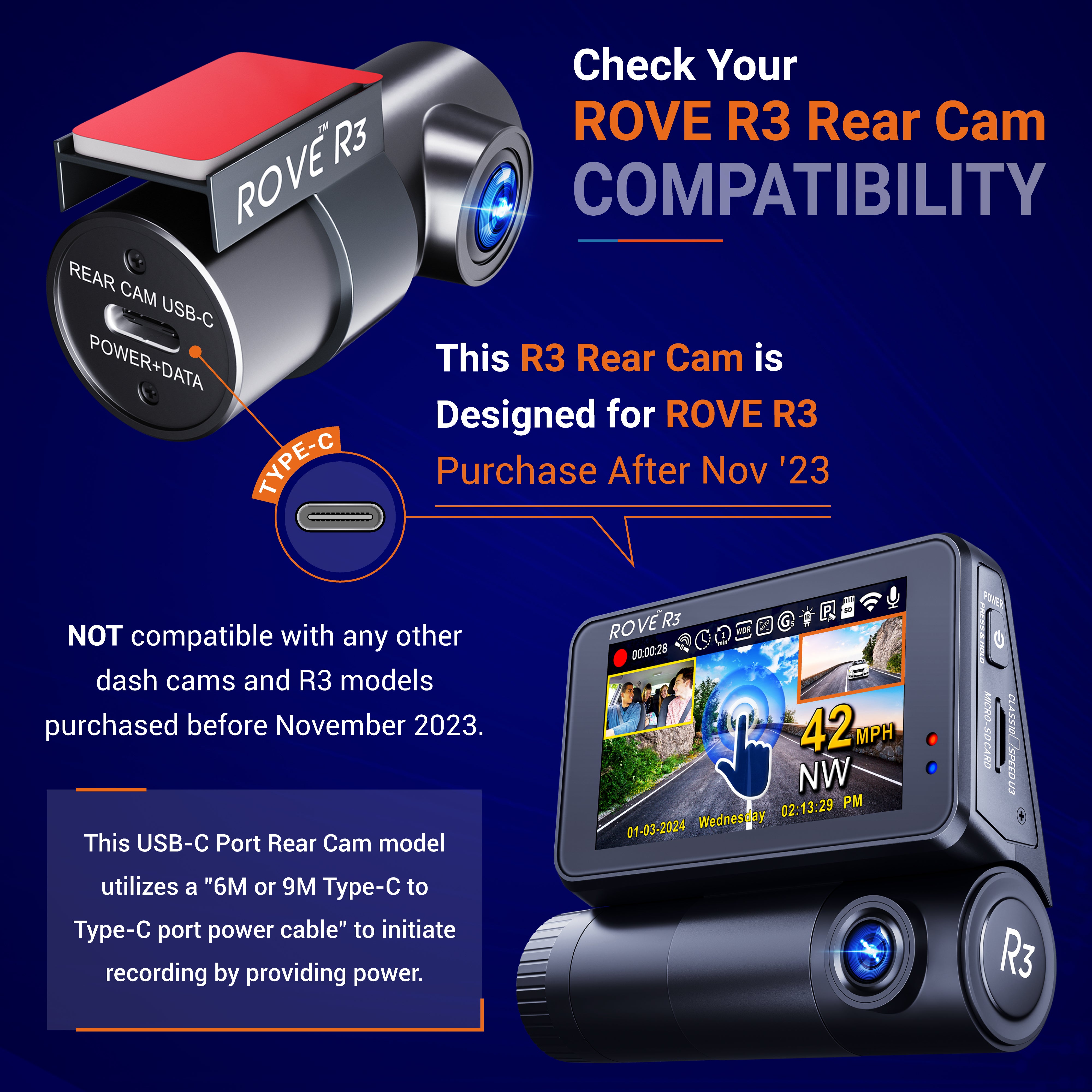 Rove R3 REDTIGER Dash Cam OBD Hardwire Kit With USB C Port,12V-24V Rove ...