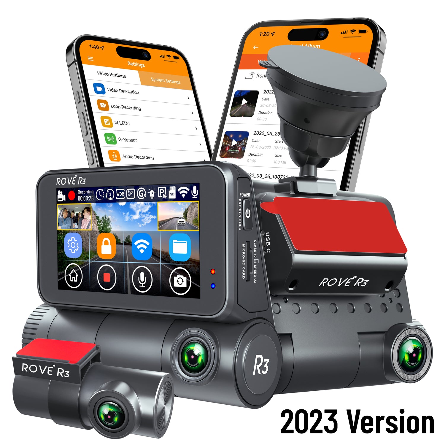 ROVE R3 Dash Cam | 2023 Version | 3 Channel Touchscreen Dash Cam Built