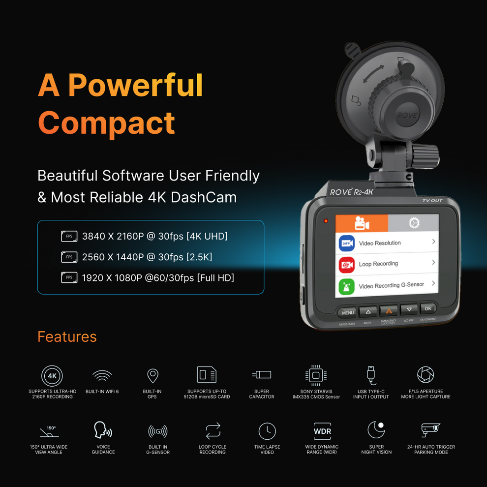 ROVE R2-4K Dash Cam for Cars 2160P Built-In Wi-Fi & GPS, Night Vision ...