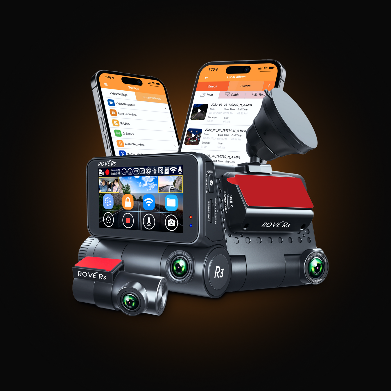 ROVE R3, 3 Channel Touch Screen Dash Cam with Built-in Dual-Band 5GHz