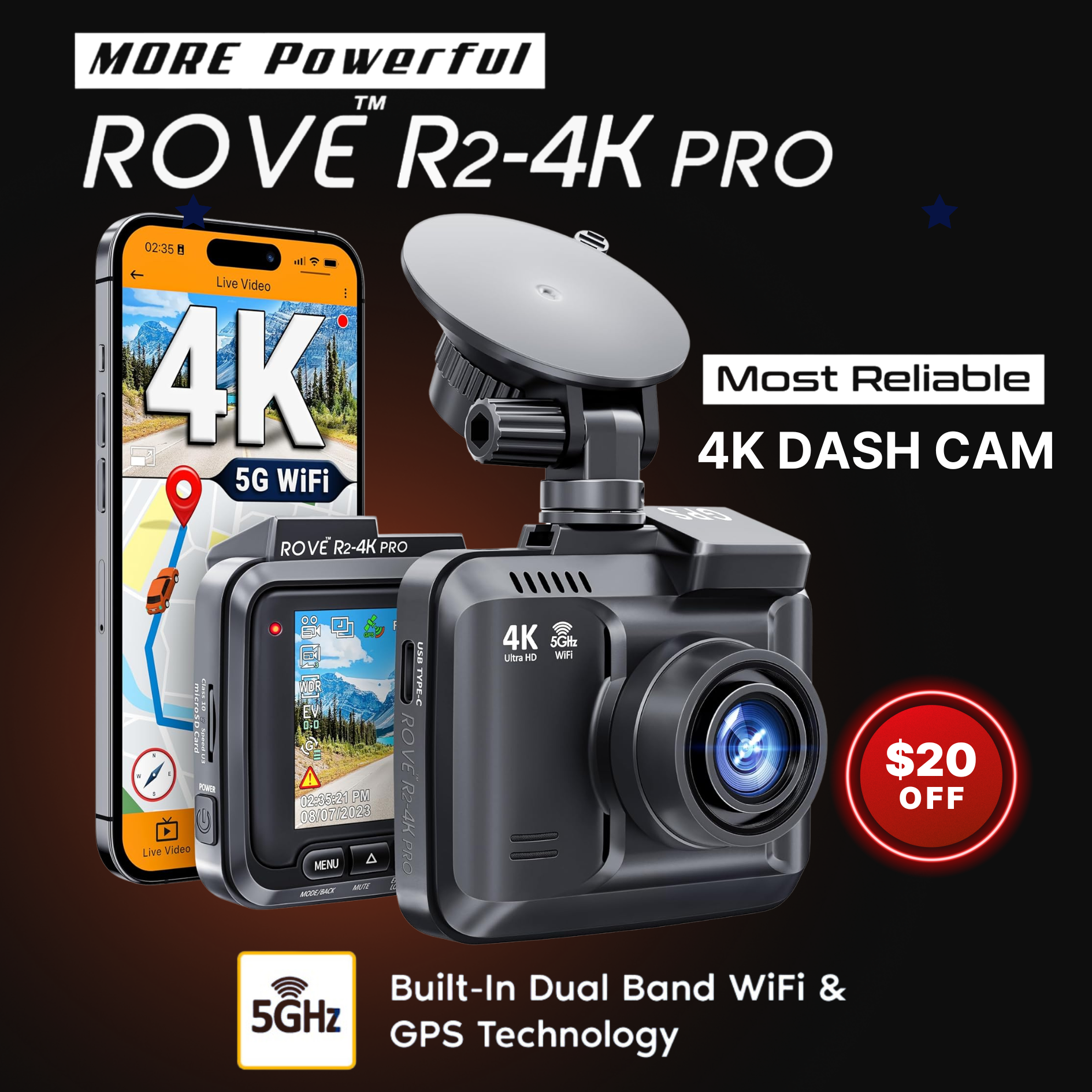 ROVE R2-4K PRO Dash Cam, Built-in GPS, 5G WiFi Dash Camera for Cars, 2