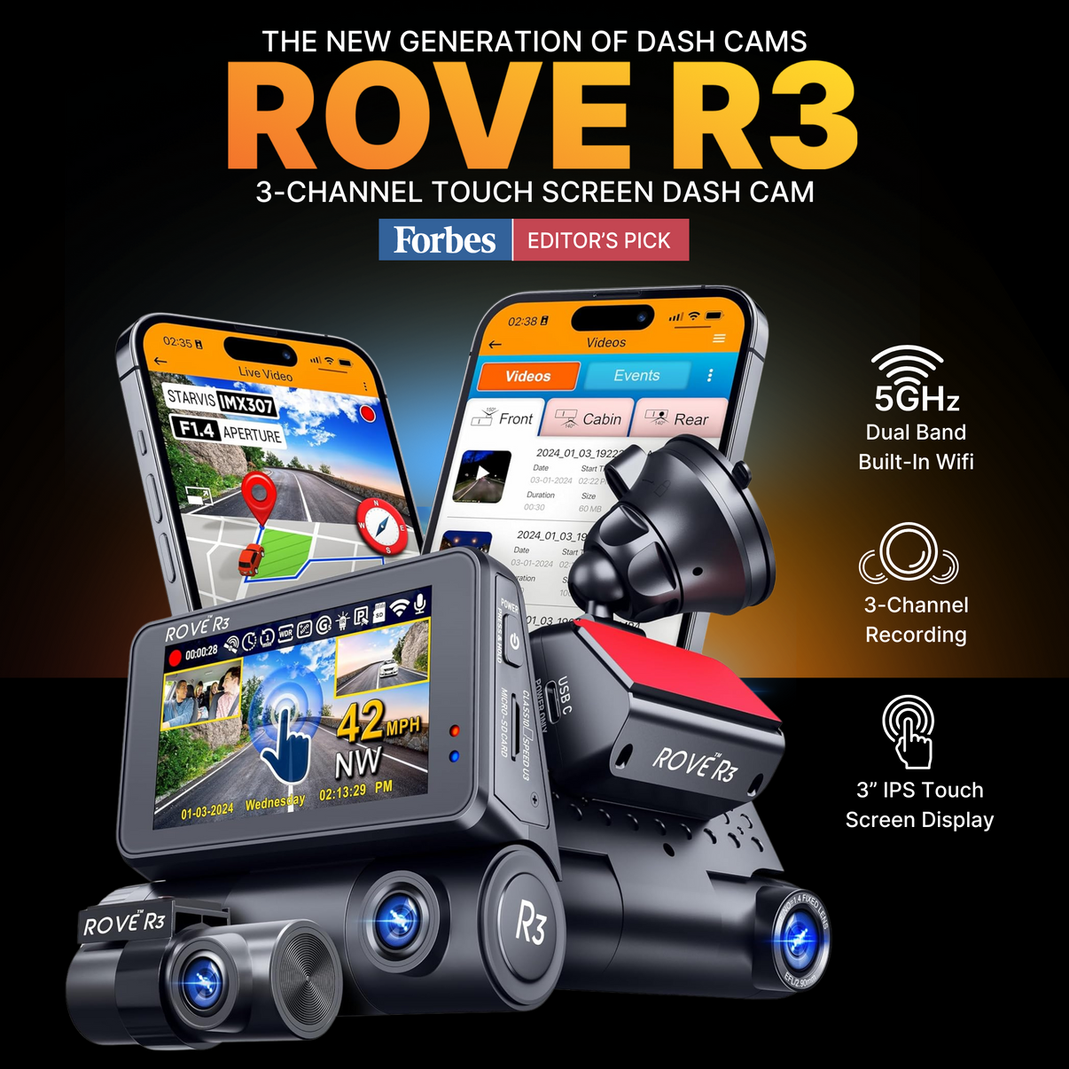 ROVE R3, 3 Channel Touch Screen Dash Cam with Built-in Dual-Band 5GHz