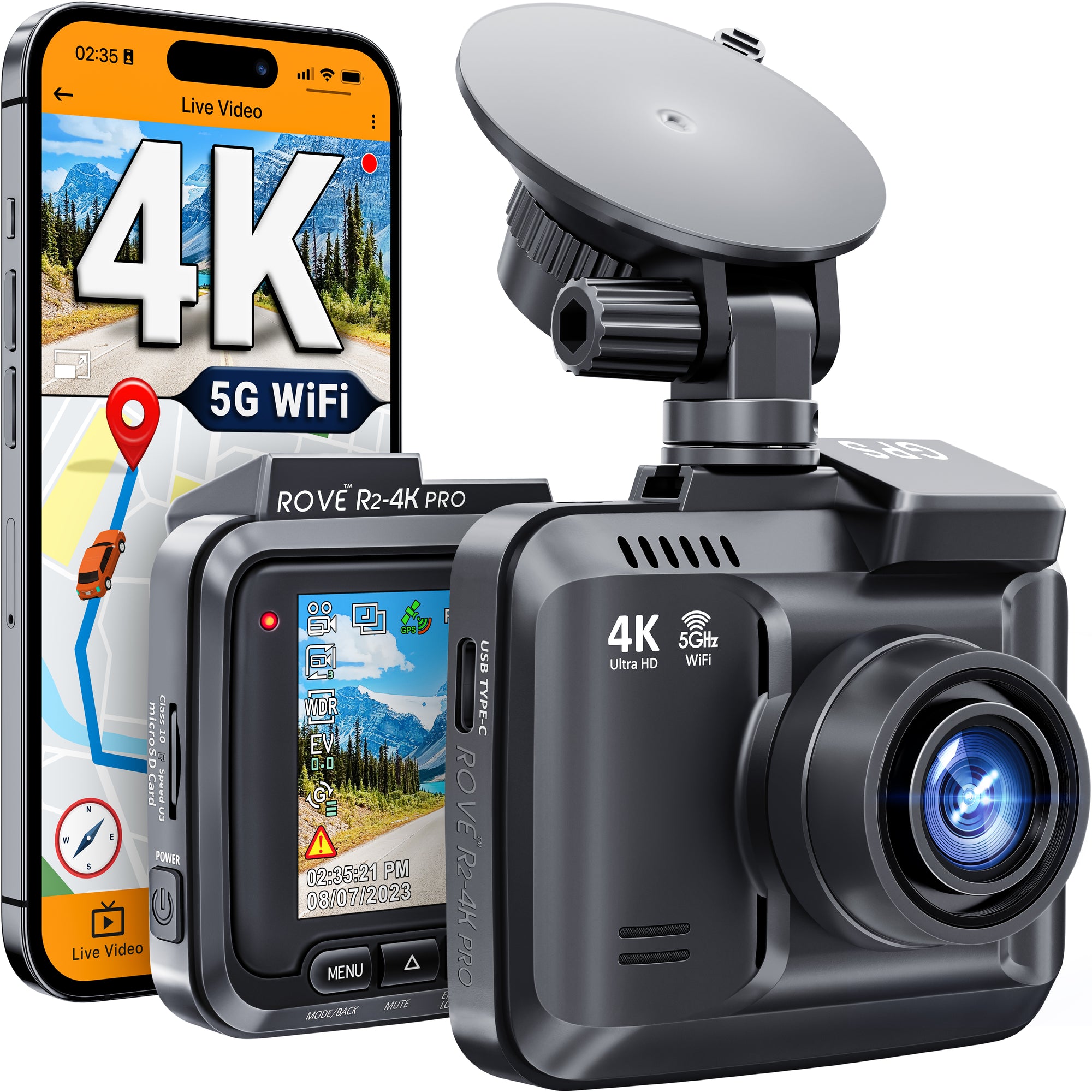 ROVE R2-4K PRO Dash Cam, Built-in GPS, 5G WiFi Dash Camera for Cars, 2